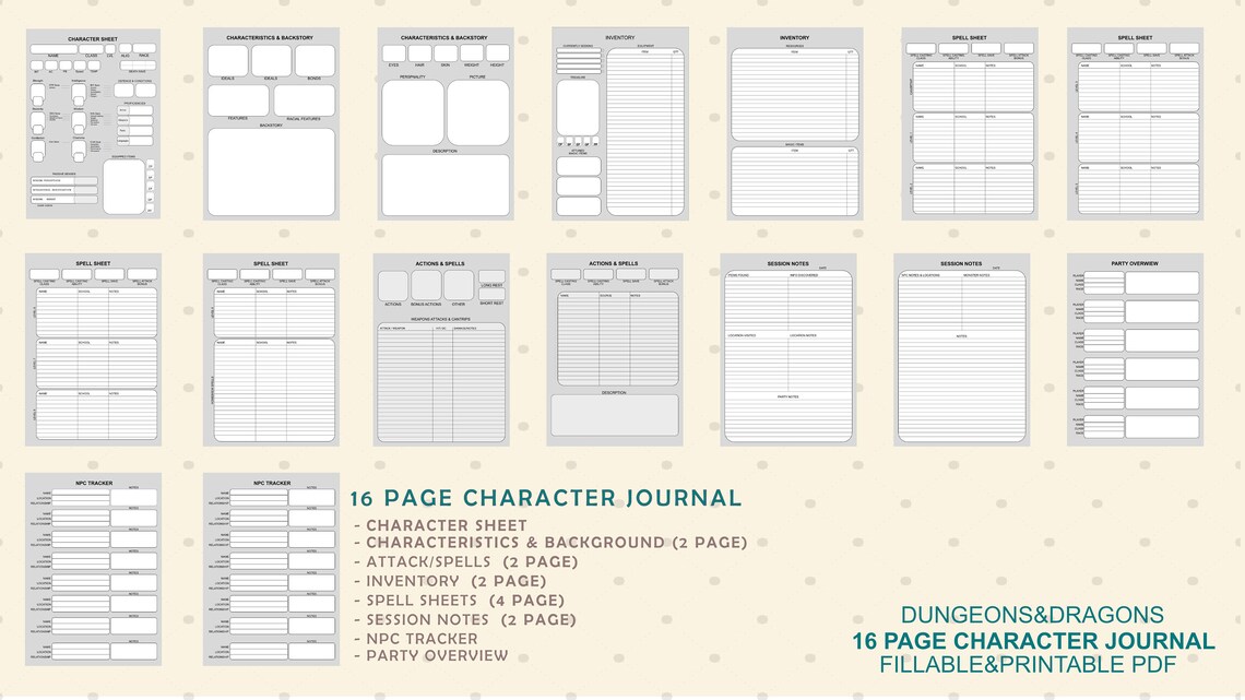 16 Page Digital D&D Character Journal With Complete Character Sheet for ...
