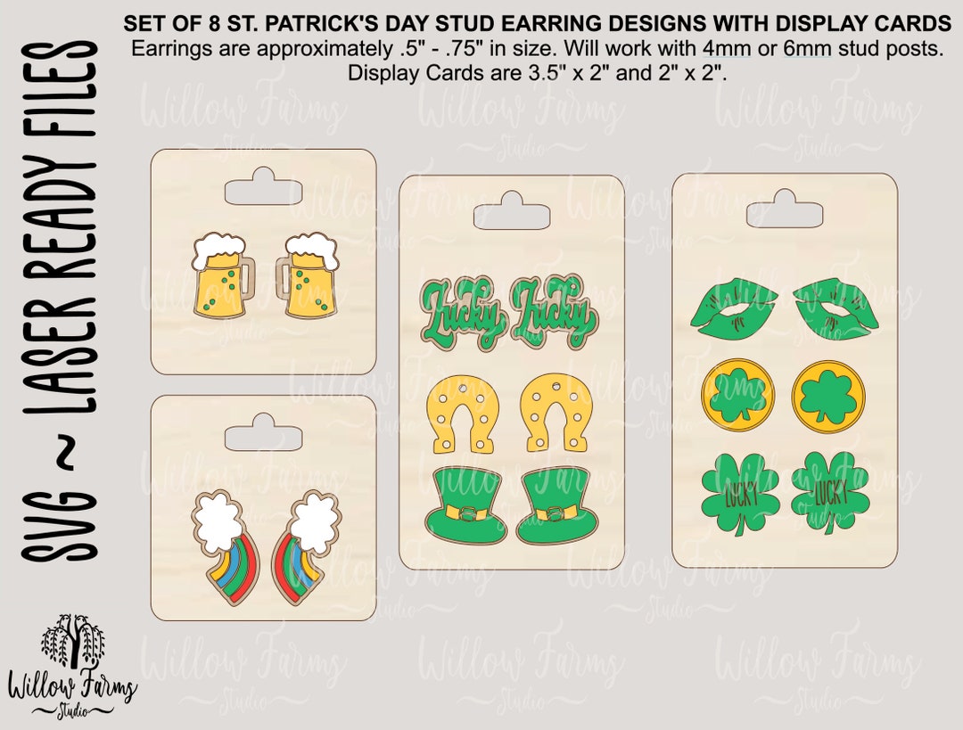 St Patricks Day Stud Earrings and Display Cards SVG Set of 8 Earrings ...