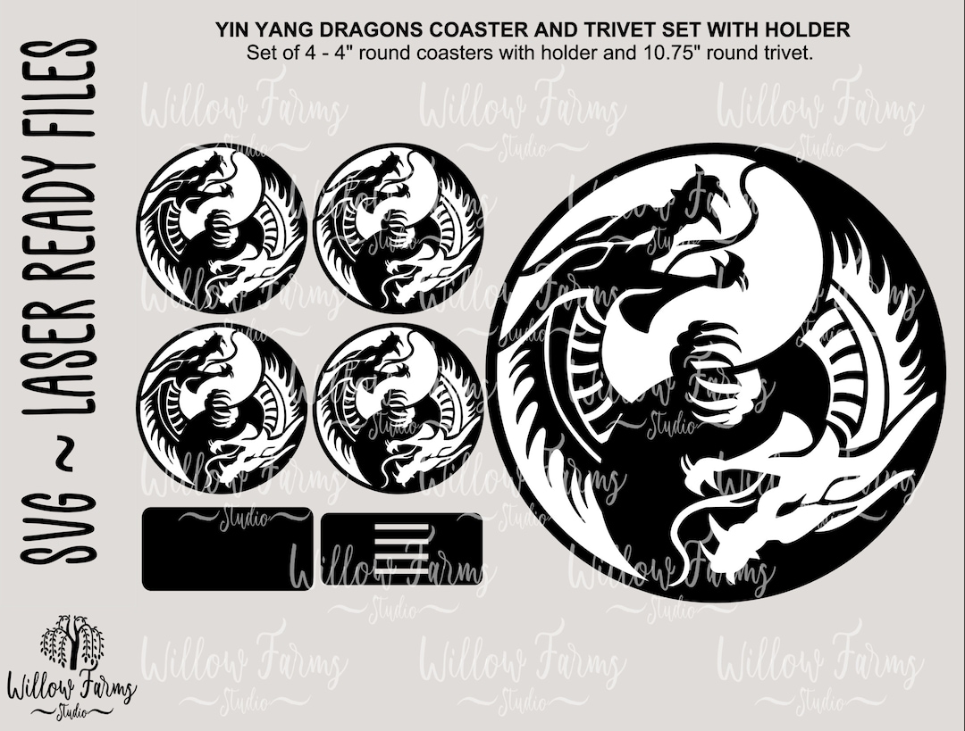 Yin Yang Dragons Coaster and Trivet Set SVG With Stand or Wall Decor ...