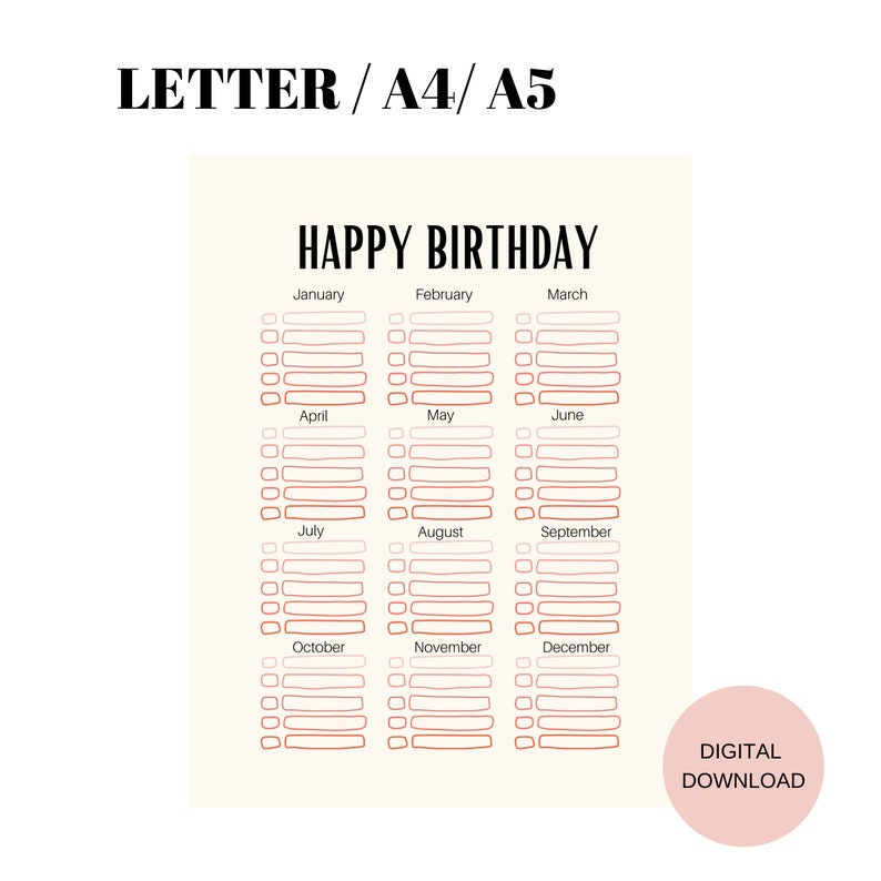 Printable Birthday Calendar, Birthday Tracker, Birthday Reminder. - Etsy