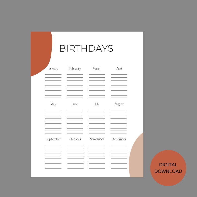 Printable Birthday Reminder, Birthday Calendar, Birthday Tracker ...