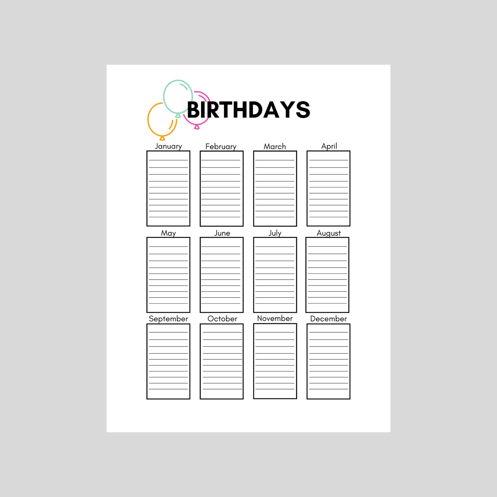 Printable Birthday Calendar, Birthday Tracker, Birthday Reminder. - Etsy
