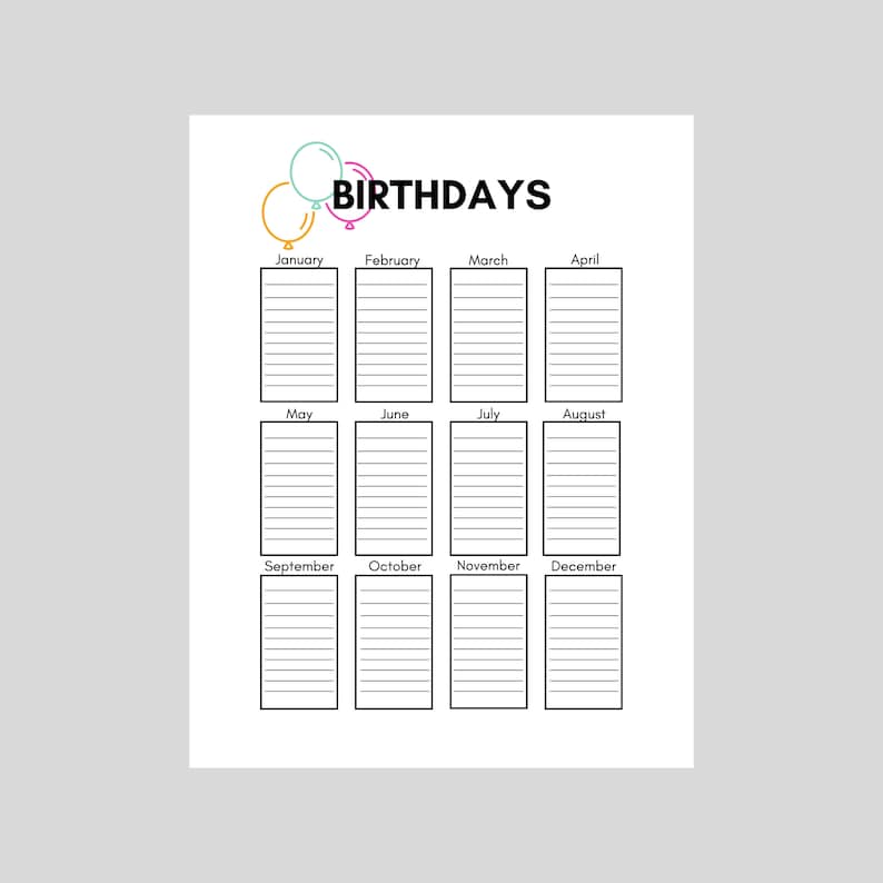 Printable Birthday Calendar, Birthday Tracker, Birthday Reminder. - Etsy
