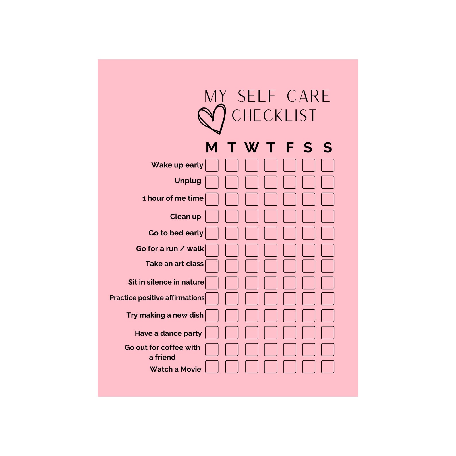 Daily Printable Self Care Checklist, in Pink, Self Care Check List ...