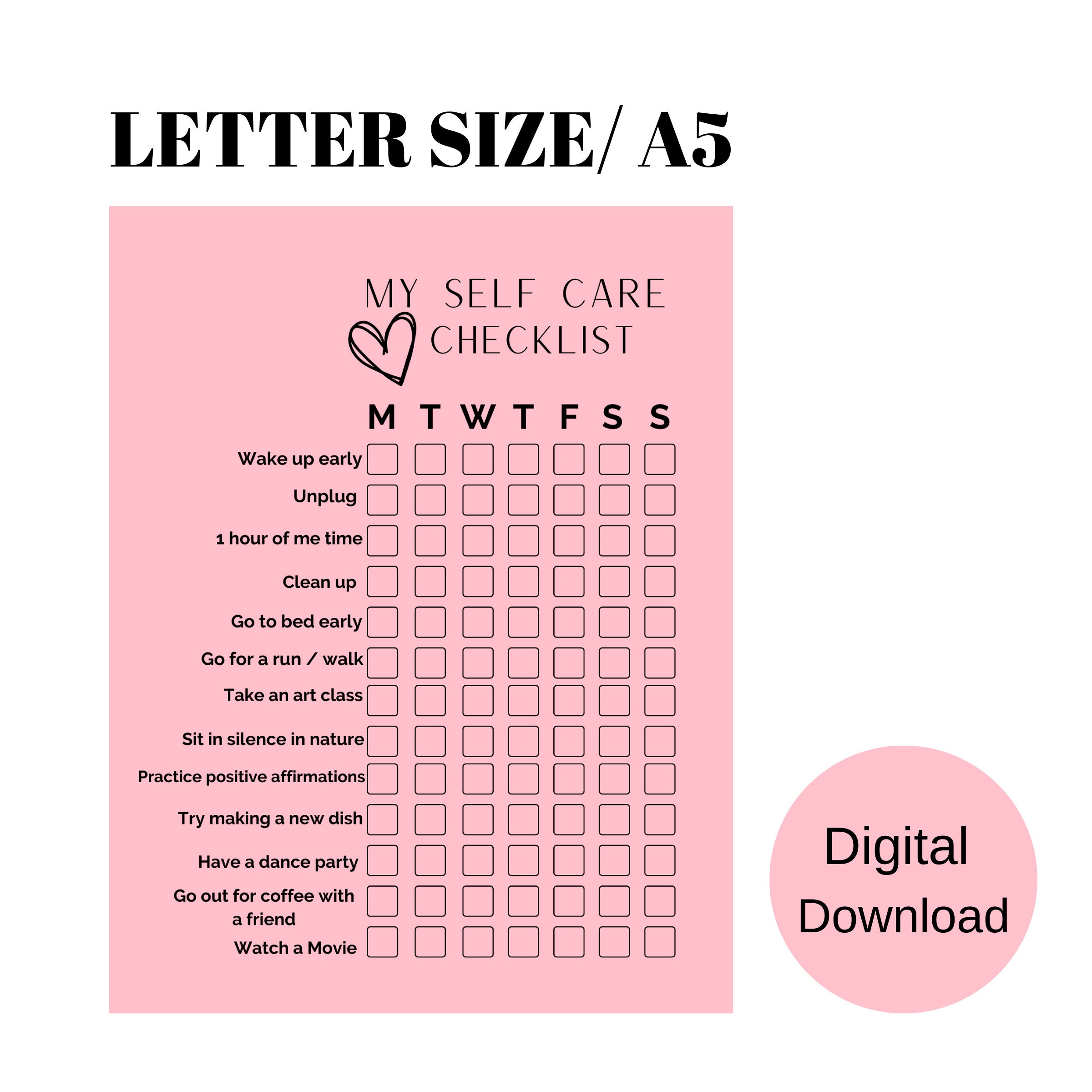 Daily Printable Self Care Checklist, in Pink, Self Care Check List ...