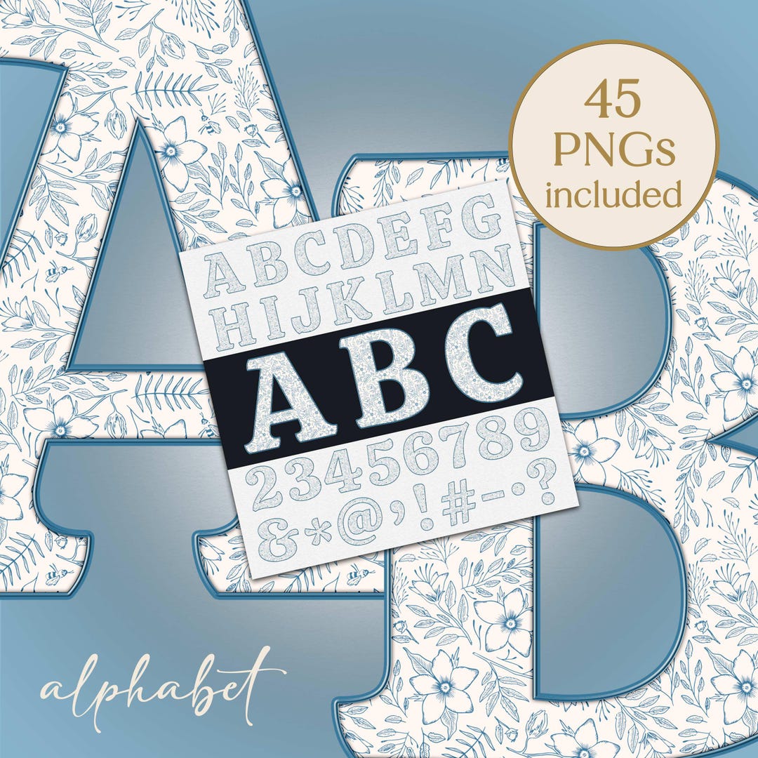 Blue Toile Alphabet PNG: French Country Floral Monogram (digital ...