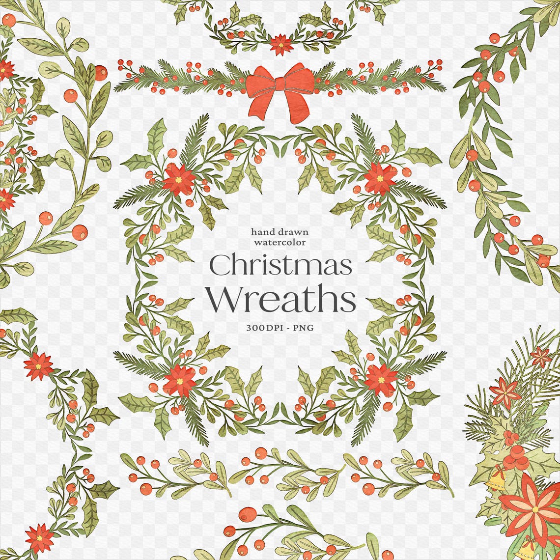 Watercolor Christmas Wreath Clipart: Festive Holiday PNG Set (digital ...