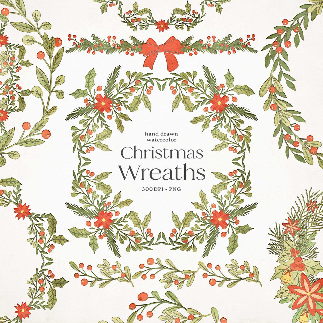 Watercolor Christmas Wreath Clipart: Festive Holiday PNG Set (digital ...