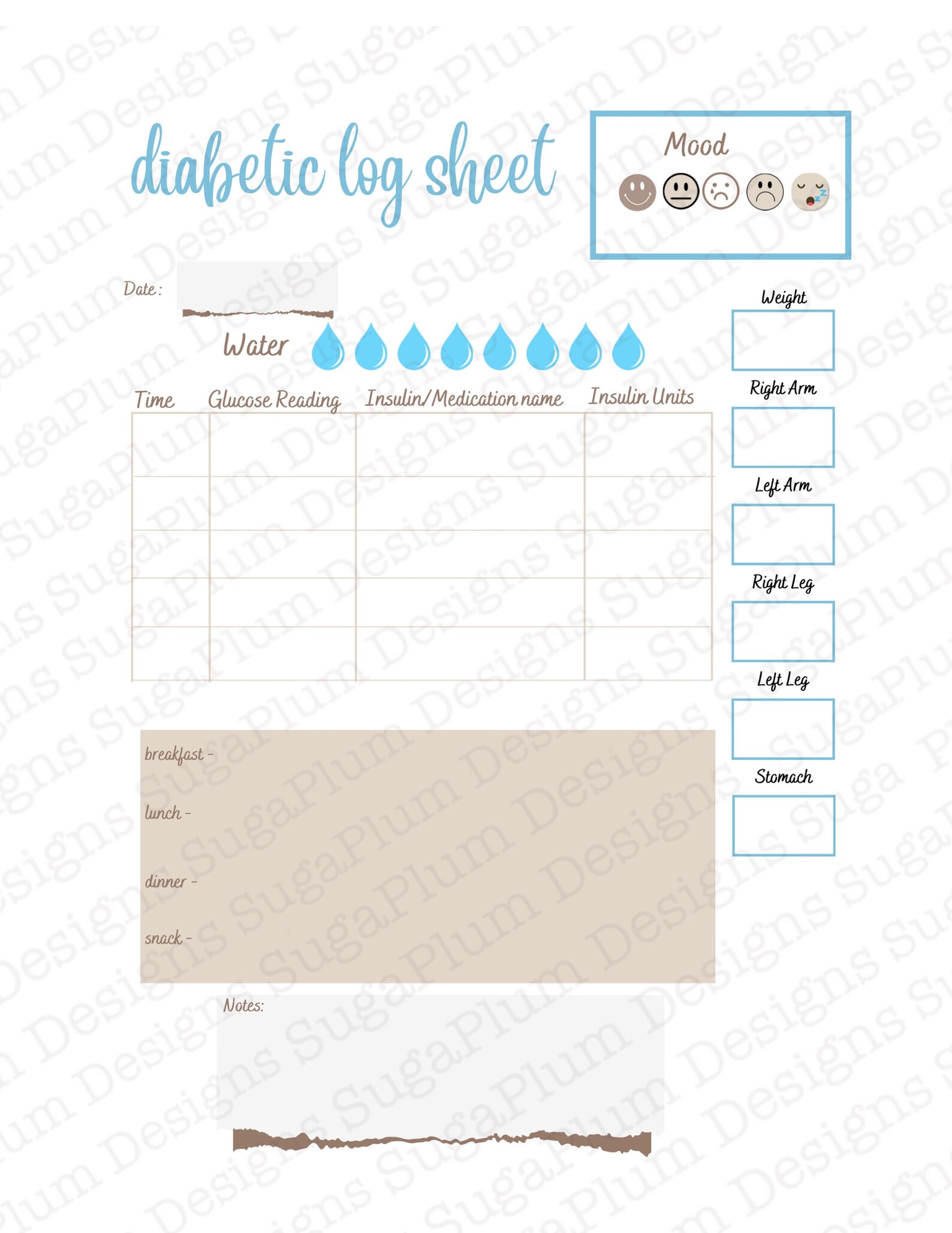 Diabetic Log Sheet Printable Diabetes Tracking Page - Etsy