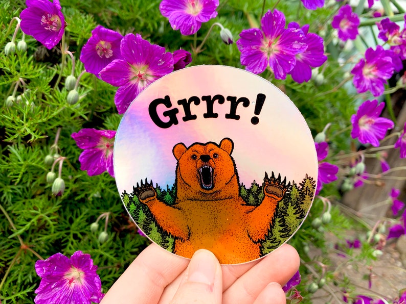 Grrr Bear Sticker Holographic Vinyl Sticker Expression - Etsy