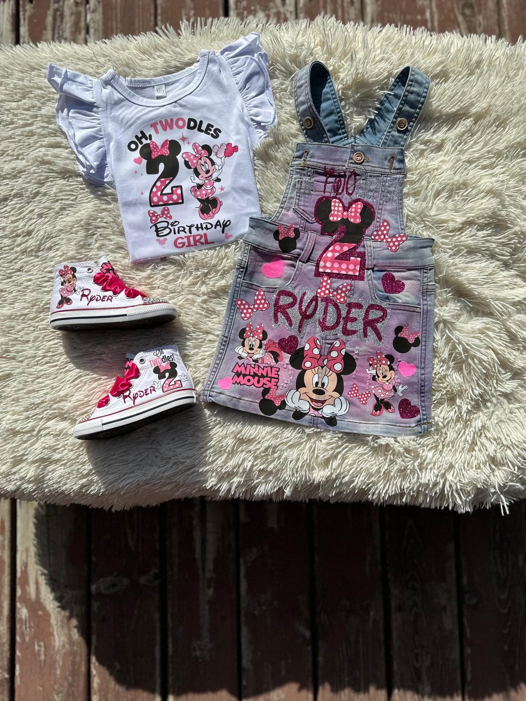 Minnie Mouse Overalls Denim Skirt Birthday Set, Minnie Mouse Converse ...