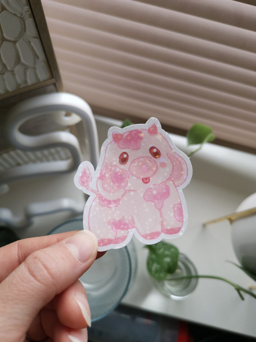 Cute Cow Sticker Sparkle Snowflake Glitter Holographic Pink Cow Sticker ...