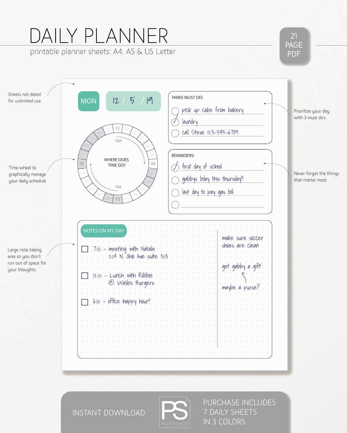 Daily Planner, Daily Printable, Daily Agenda, Day on 1 Page, Undated ...