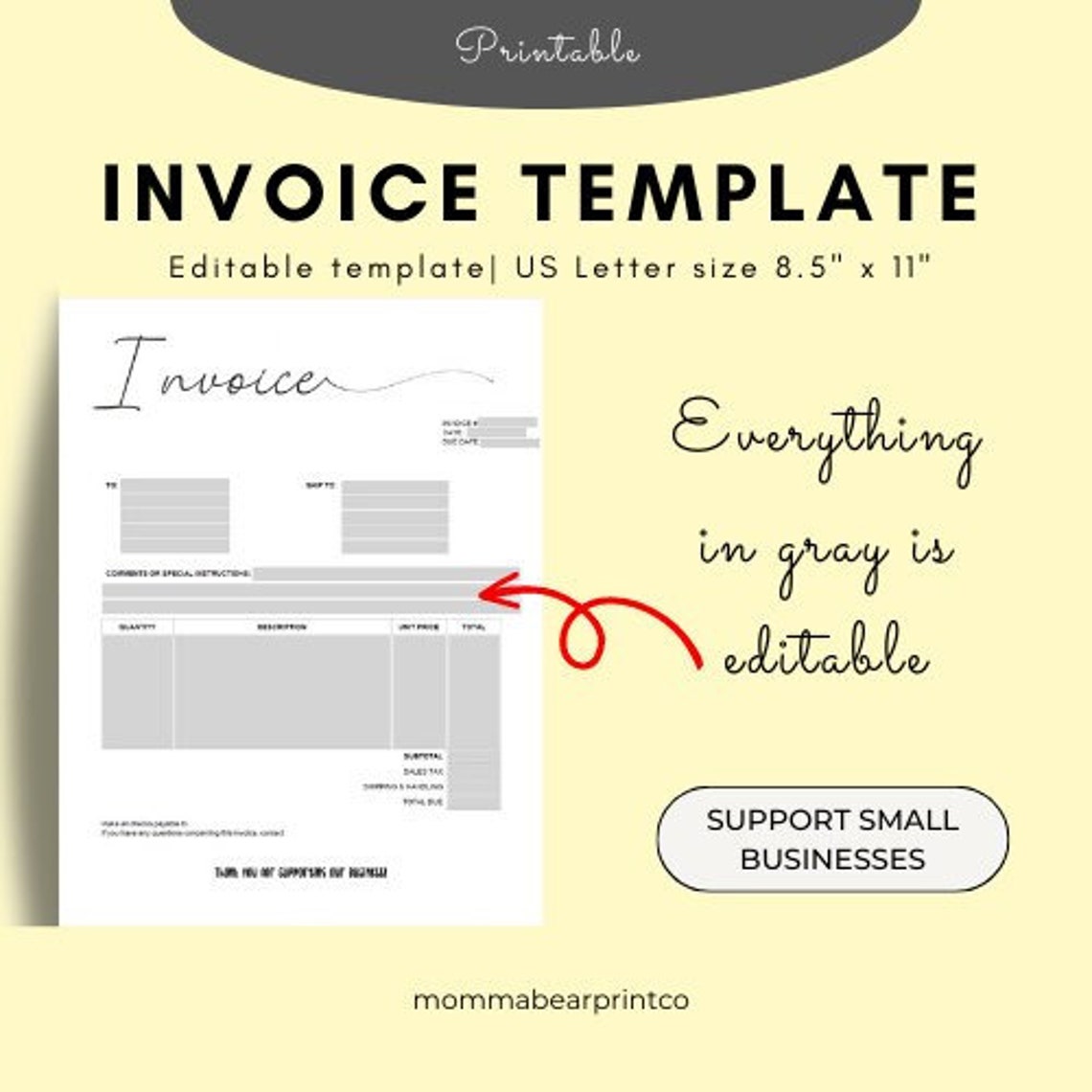 Fully Editable Invoice, Order Form, Printable Order Form, Cursive ...