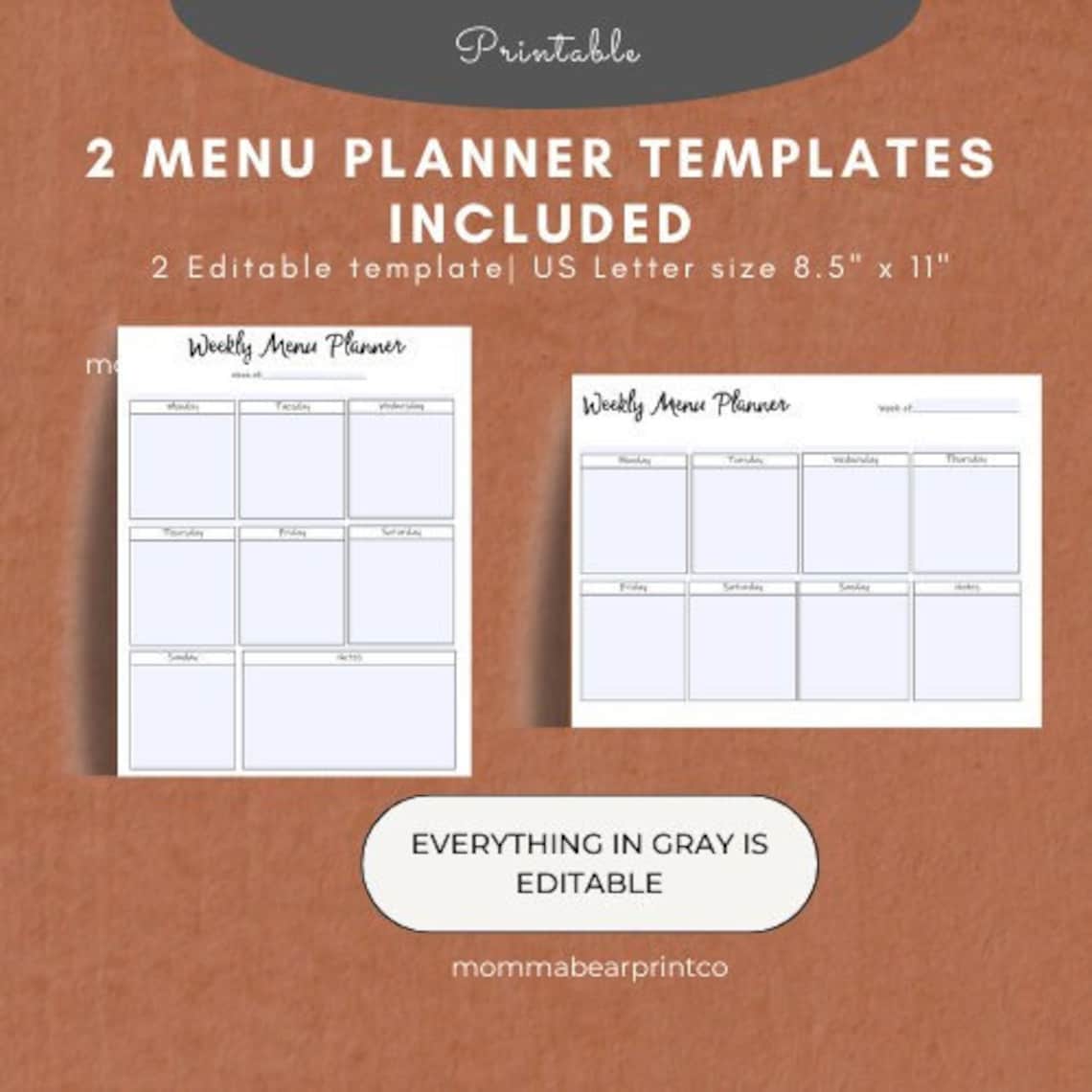 Weekly Menu Planner Editable Meal Planner Printable Meal Menu Planner ...
