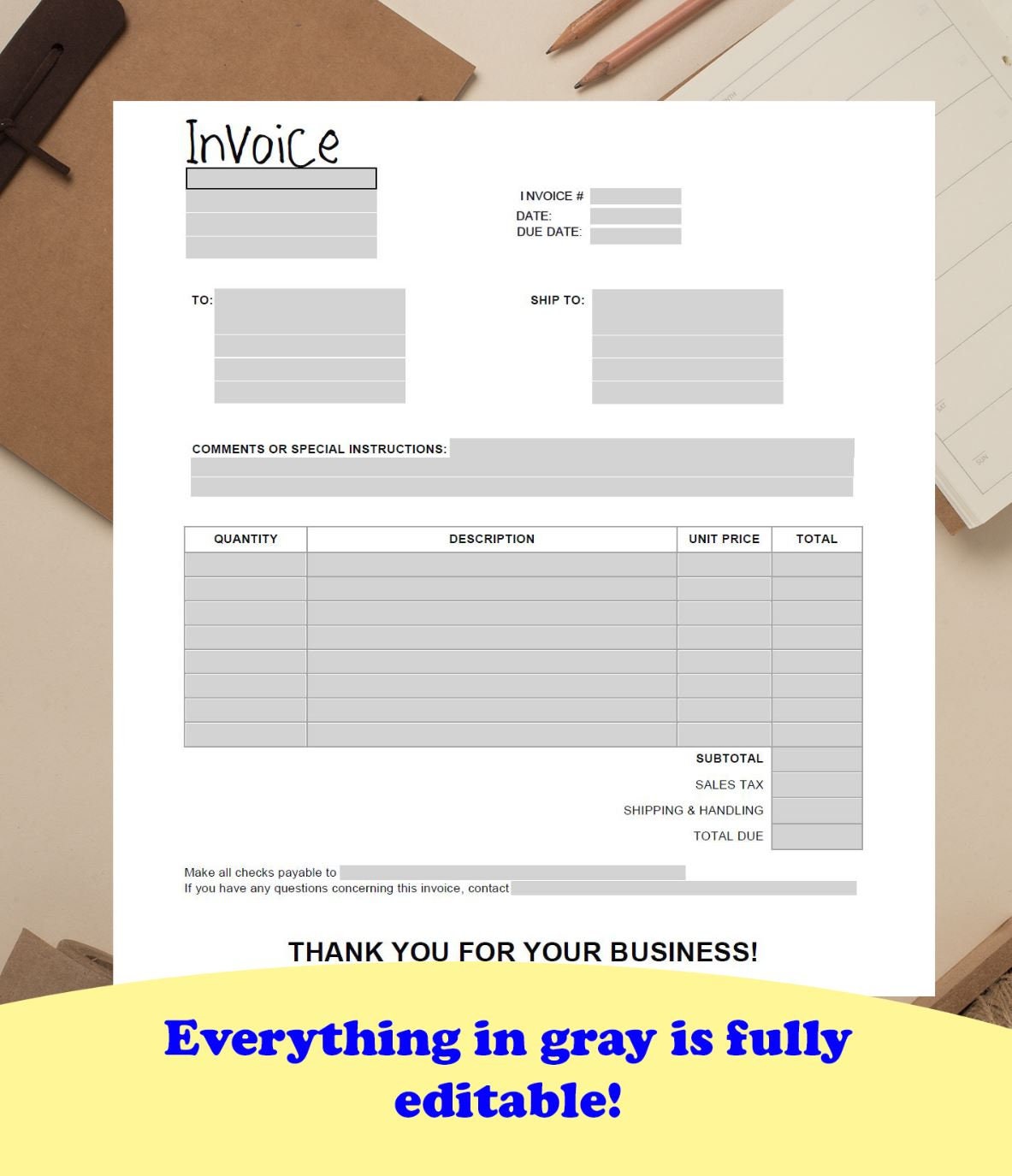 Fully Editable Invoice, Order Form, Printable Order Form, Printable ...