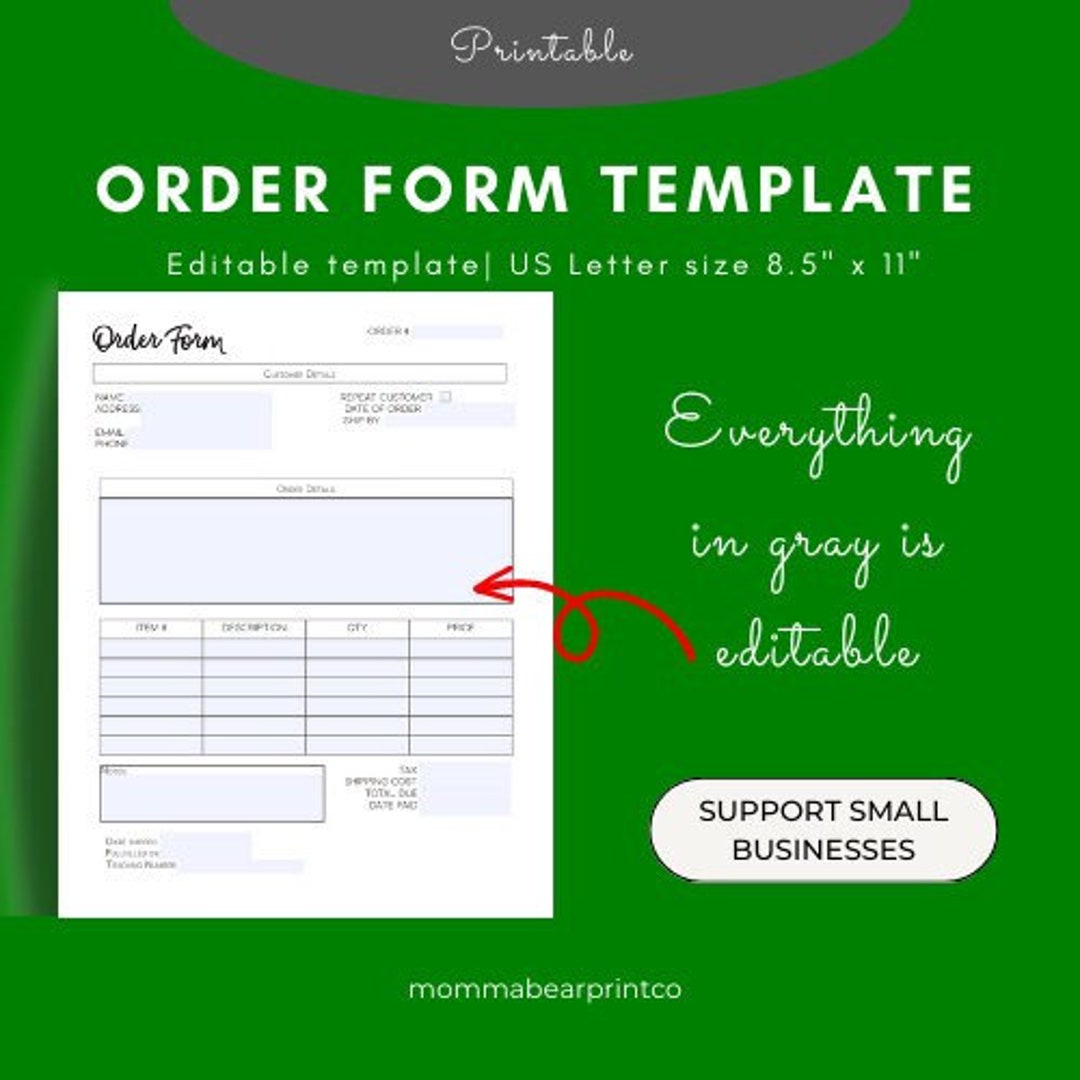 Fully Editable ORDER FORM, Order Form, Printable Order Form, Generic ...