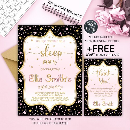 Girls Sleepover Party Birthday Invitation Editable Template - Etsy