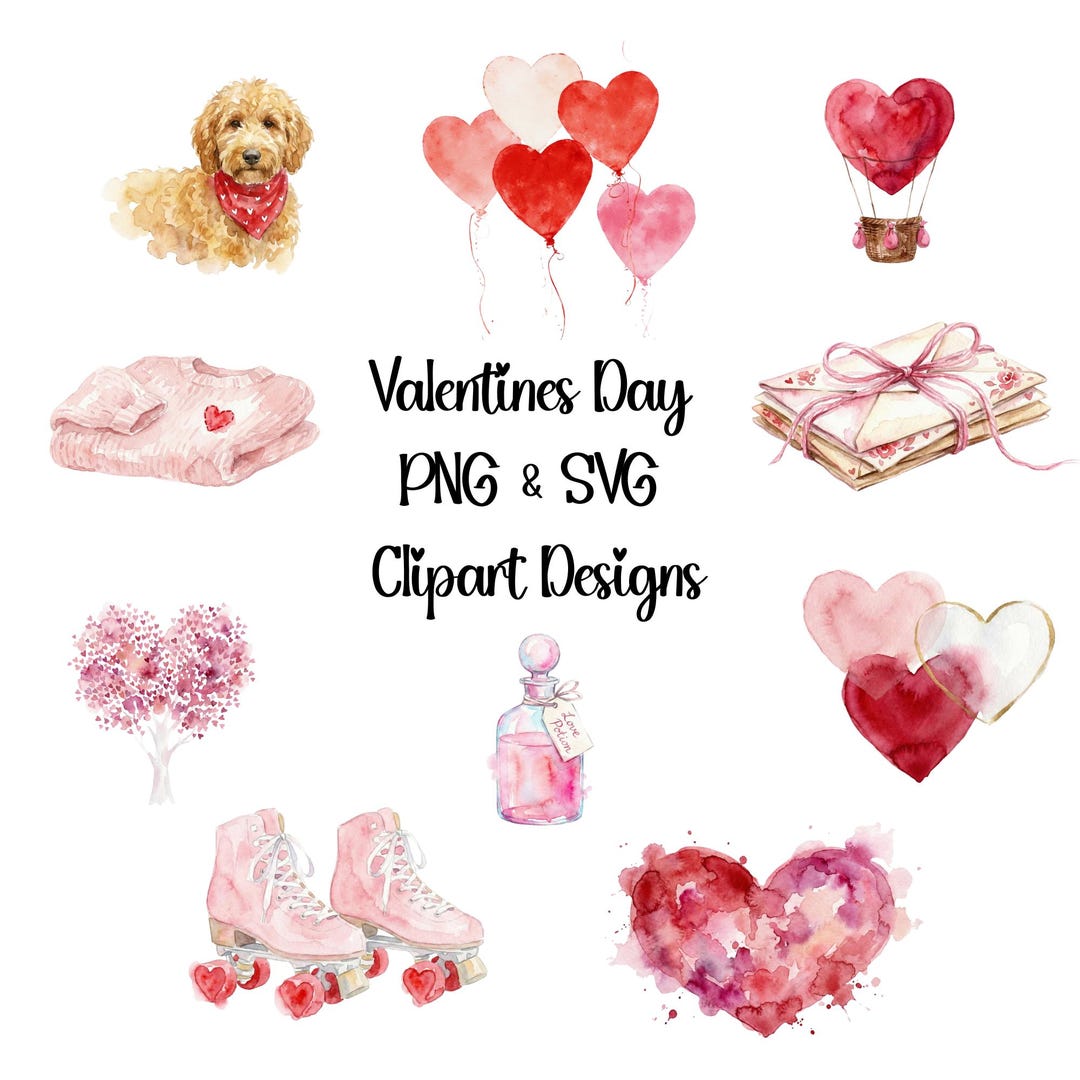 Valentines Day Watercolor Png Clipart Hearts, Dogs, Flowers, Love ...
