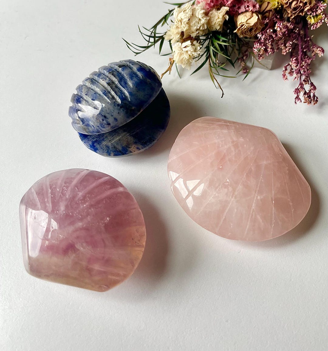 Crystal Seashells, Magenta Purple Fluorite Shell, Pink Rose Quartz ...