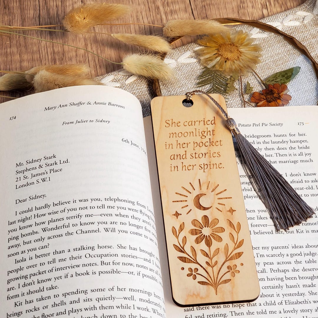 Wooden Bookmark – "she Carried Moonlight" Quote, Laser Engraved Floral ...