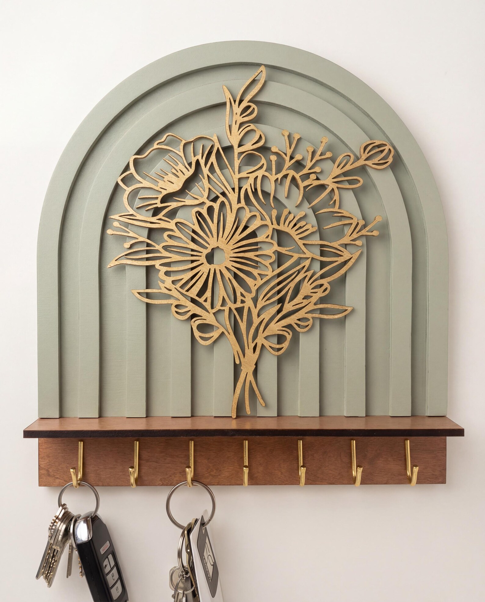 Floral Arch Key Holder and Jewelry Organizer With 7 Gold Hooks - Etsy