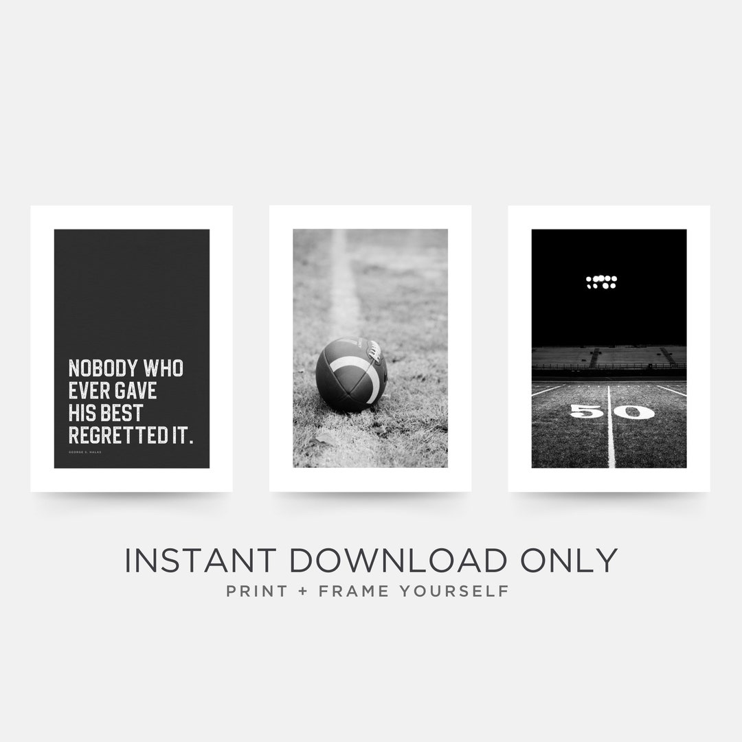 Football Wall Art Set Boys Room or Dorm Decor 3 Black & White Posters ...