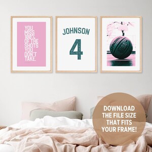 Personalized Pink Basketball Poster Set of 3 Girl Sport Art With Custom ...