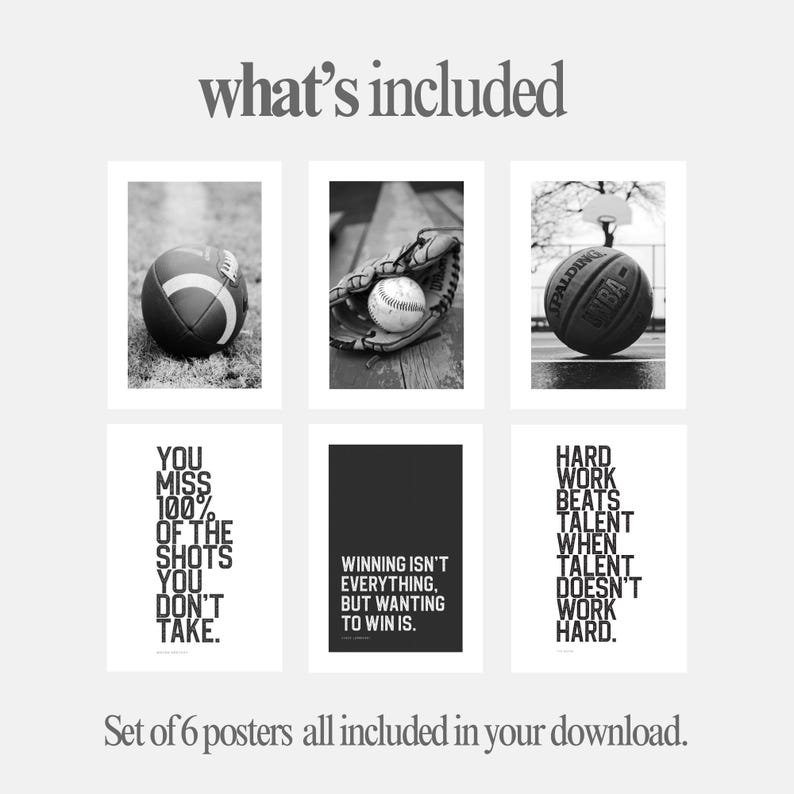 Sports Wall Art Set of 6 | Teen Boy Room Decor | Basketball Football ...