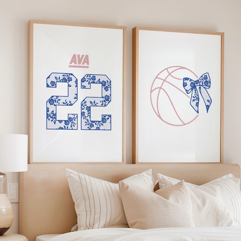 Basketball Line Art Bow Poster & Personalized Lace Name Number Print ...