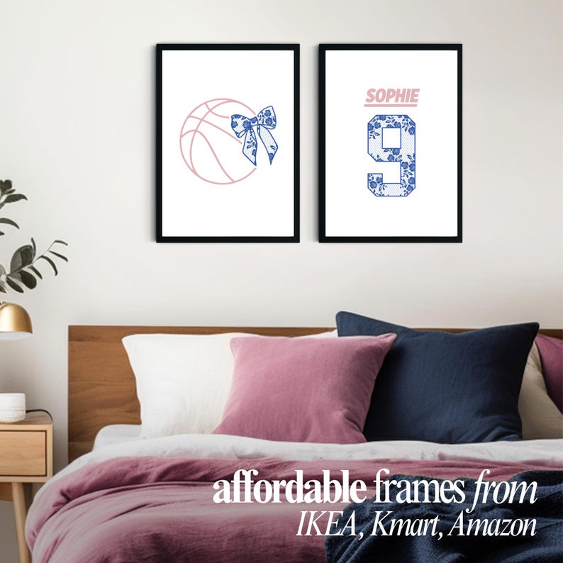 Basketball Line Art Bow Poster & Personalized Lace Name Number Print ...