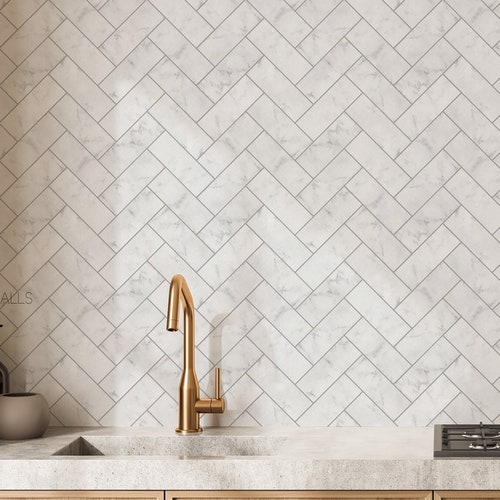Marble Herringbone Tile Wallpaper / Tile Wallpaper / - Etsy Canada