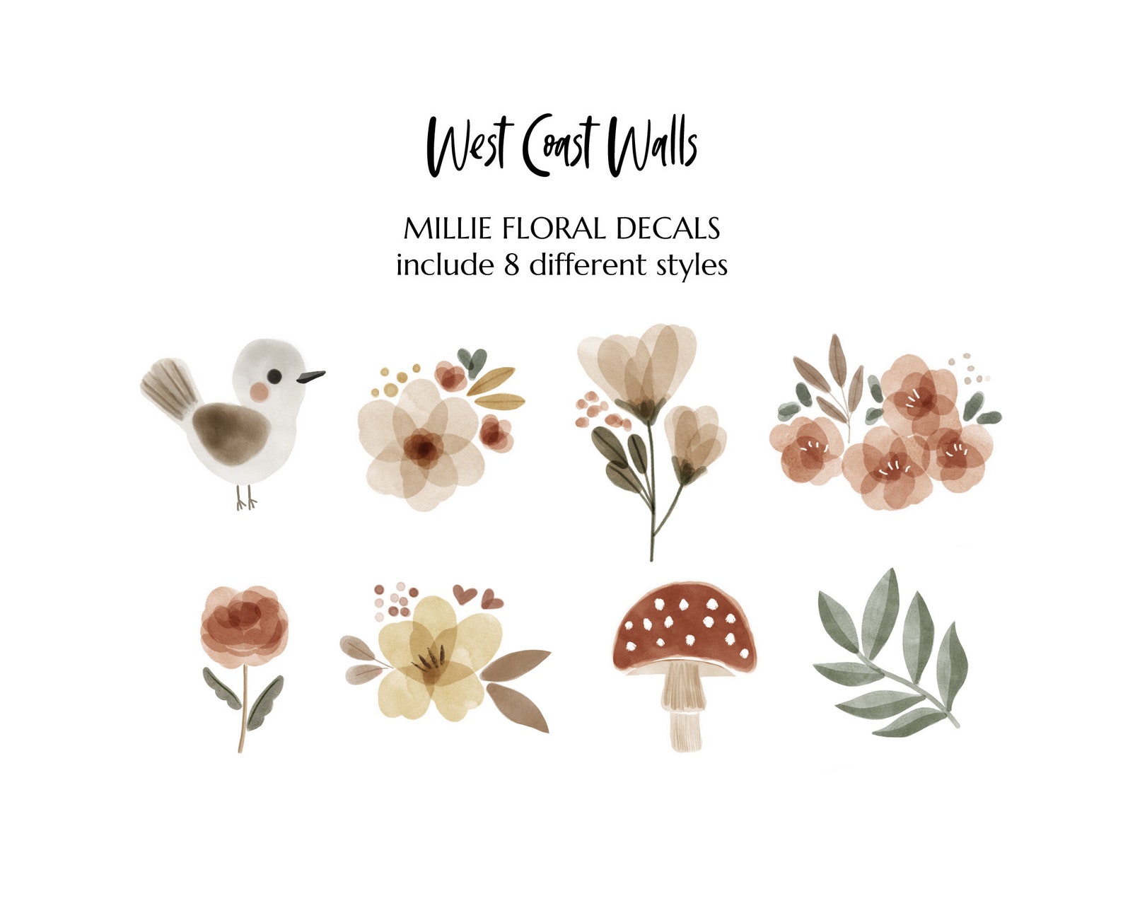 Millie Flowers and Bird Decals / Painted Florals Removable Wall Decals ...