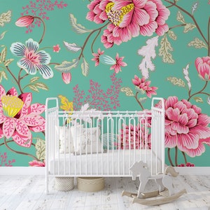 Detailed Floral Wallpaper / Wallpaper/ Oriental Floral / Teal and Pink ...