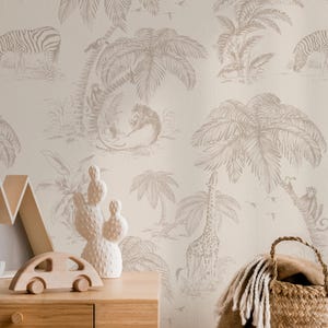 Beige Jungle Toile Wallpaper / Sketched Animals Wallpaper / Nursery ...