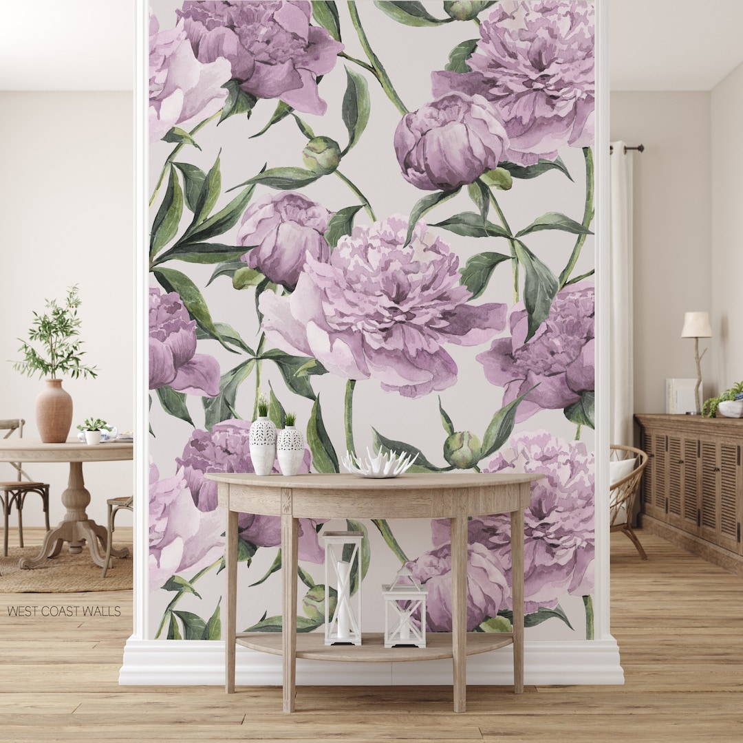 Soft Lilac Peony Floral Wallpaper / Custom Muted Floral Wallpaper ...