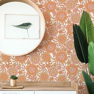 Groovy Retro Blooms Wallpaper / Hand Drawn Floral Design / Rust Orange ...
