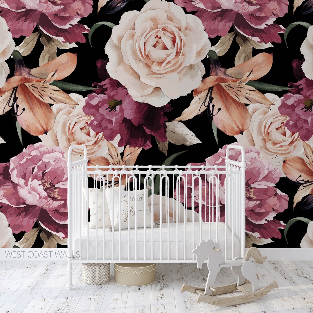 Moody Floral Wallpaper / Oversized Floral Wallpaper / Watercolor Floral ...