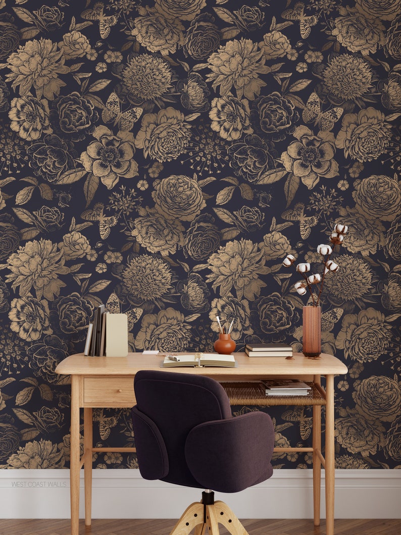 Golden Floral Wallpaper / Floral Wallpaper / Botanical Wallpaper / Non ...