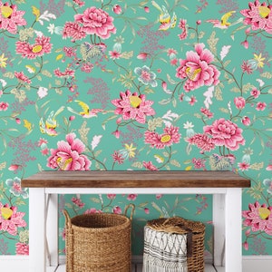 Detailed Floral Wallpaper / Wallpaper/ Oriental Floral / Teal and Pink ...
