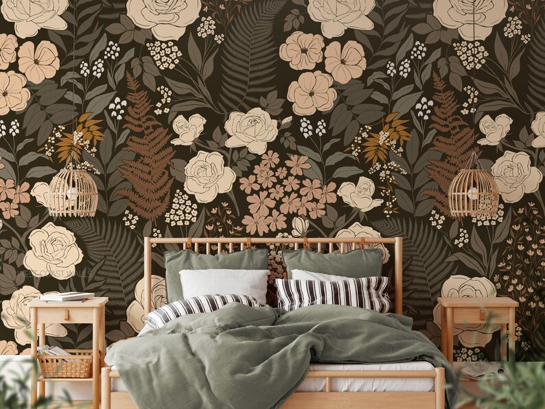 Flowers and Ferns Wallpaper / Hand Drawn Floral Design / Retro Floral ...