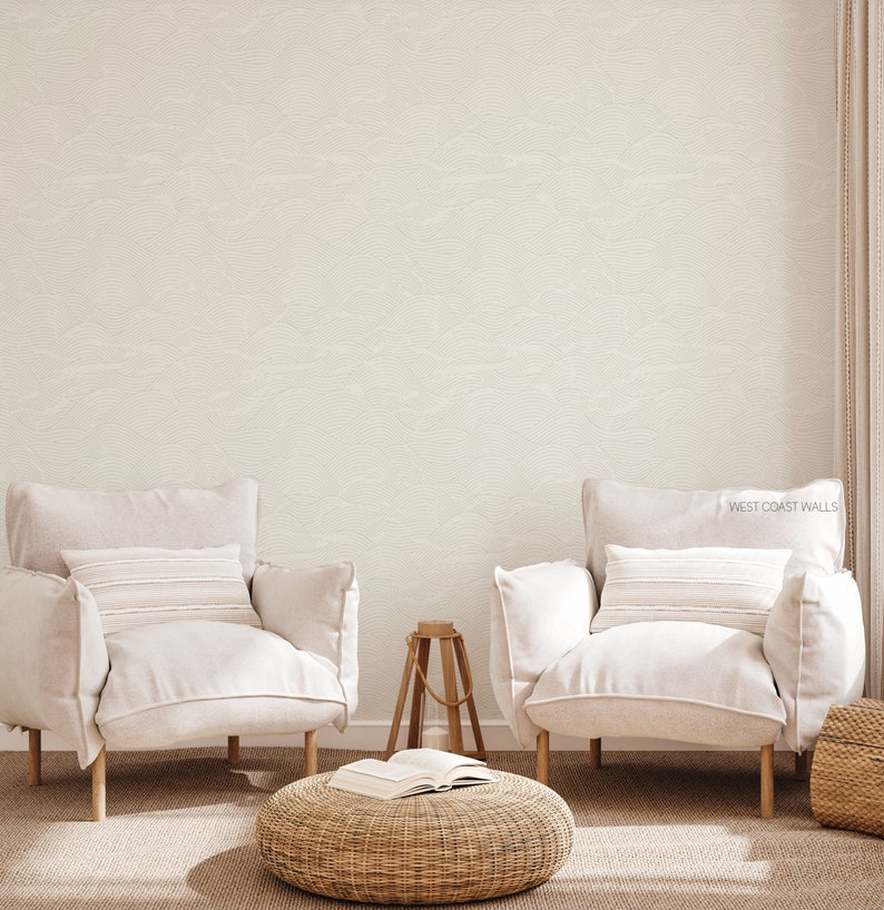 Beige Vintage Wave Wallpaper / Ocean Wallpaper / Coastal Wallpaper ...