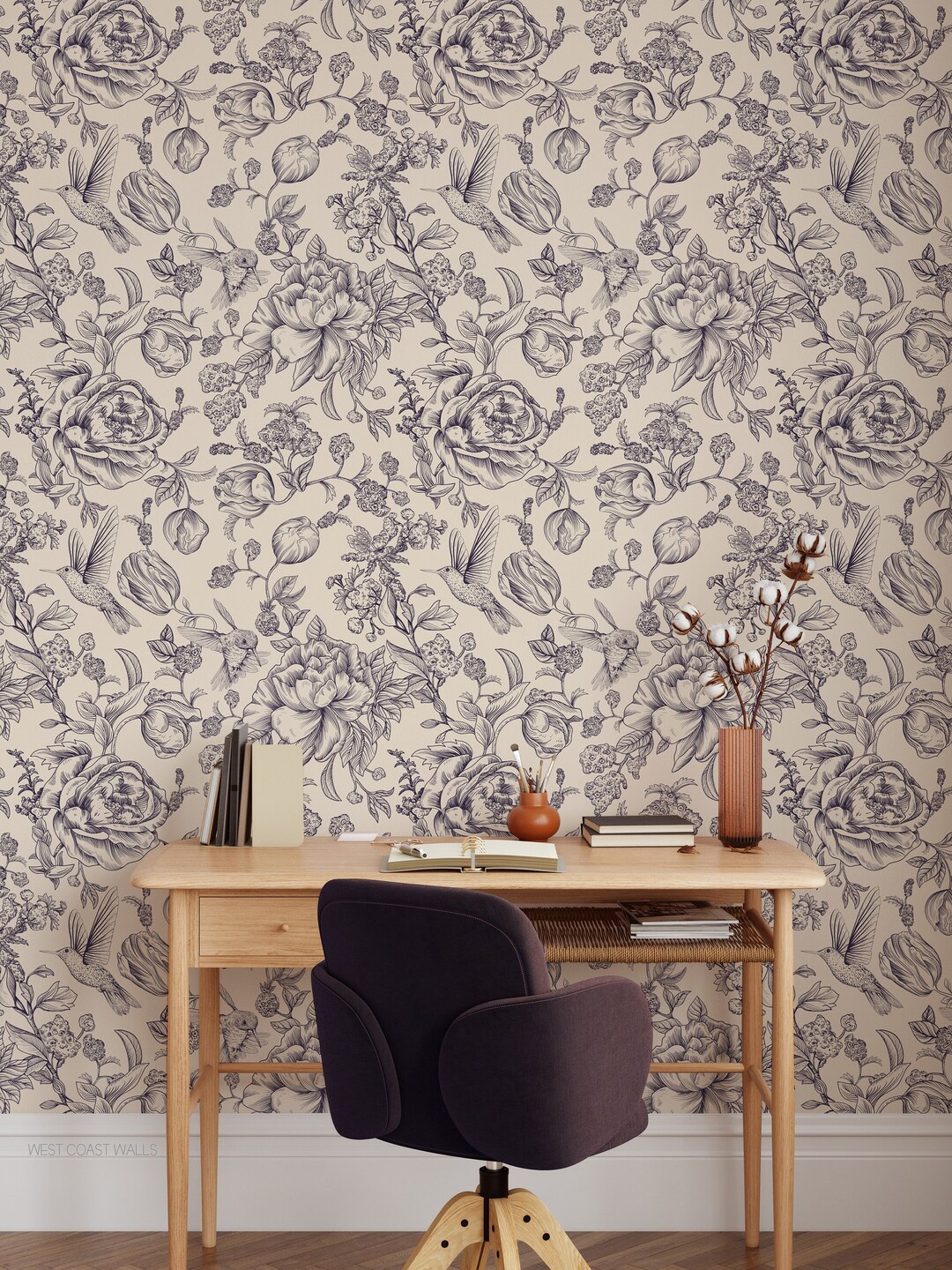 Hummingbird Blooms Wallpaper - Alternate Colours Available / Vintage ...