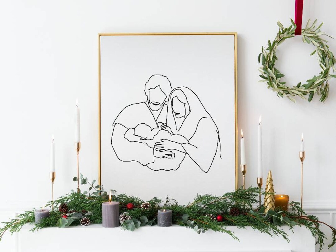 Christian Christmas Line Art• Mary Joseph and Jesus Drawing | Minimal ...