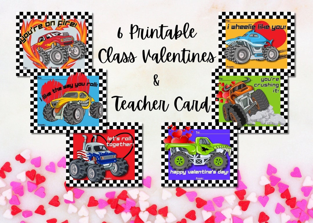 Printable Truck Classroom Valentines for Boys, Valentines Exchange, 4x4 ...