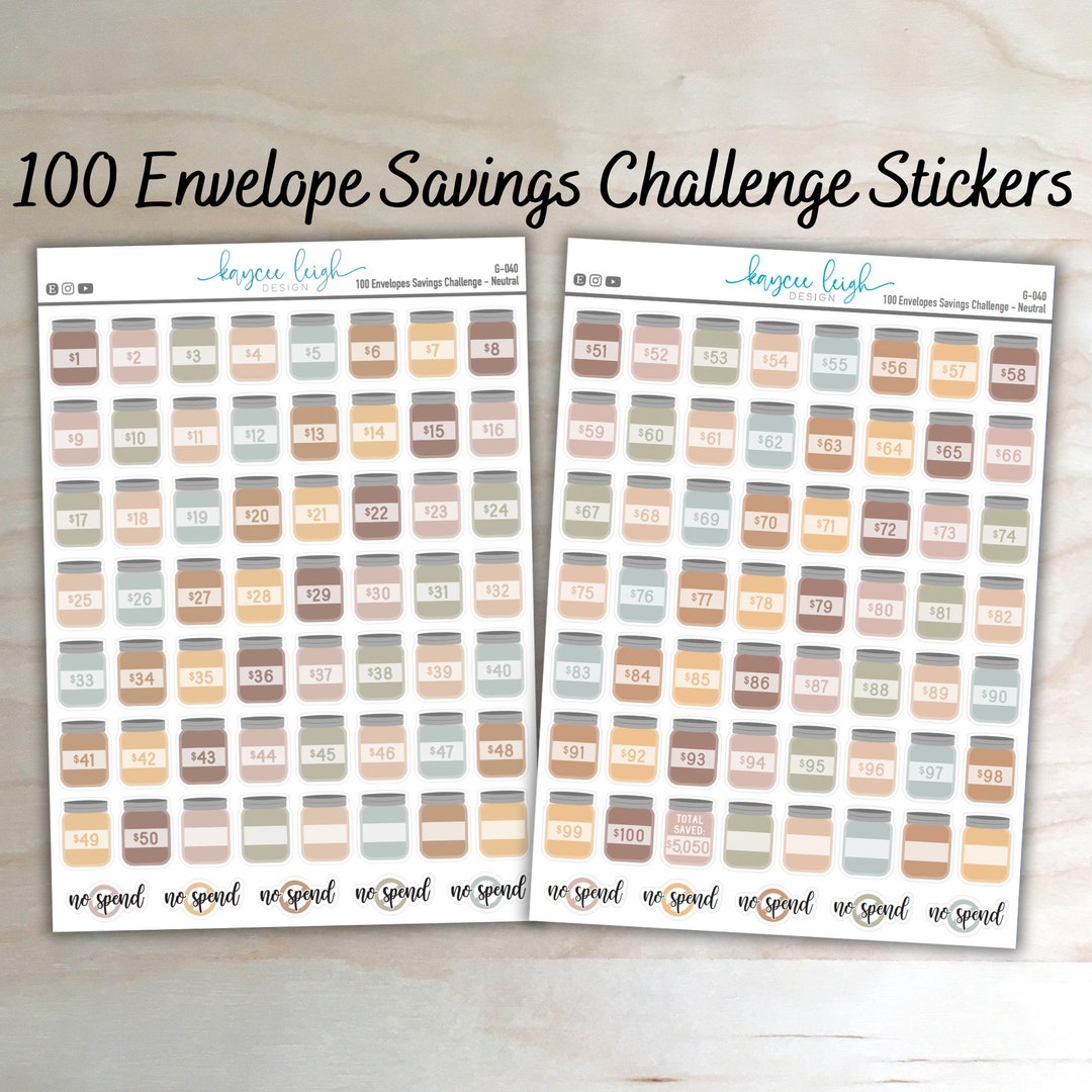 100 Envelope Challenge Stickers for Use in Planners, Notebooks, Bullet ...