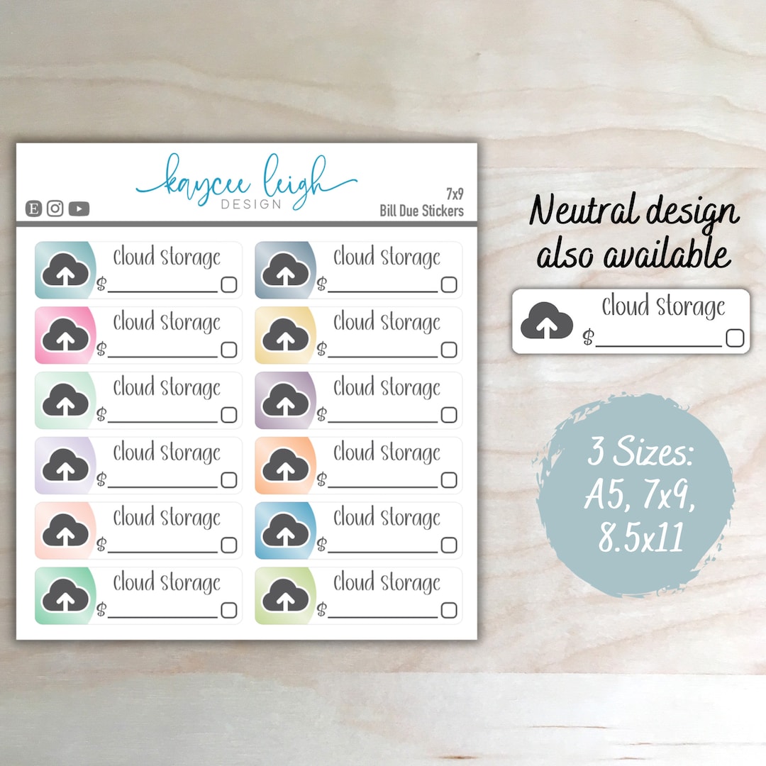 Cloud Storage Bill Due Planner Stickers | Colorful or Neutral | A5, 7x9 ...