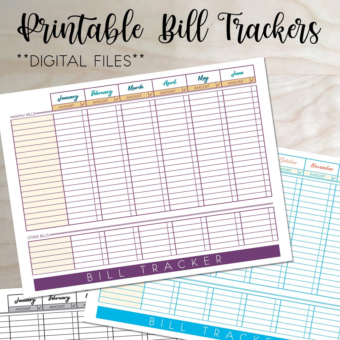 BILL TRACKER PRINTABLE : 2 Sizes, 2 Colors, 1 Black, Digital Download ...