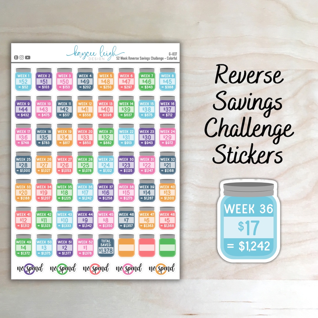 52 Week Reverse Savings Challenge Stickers for Use in Planners ...