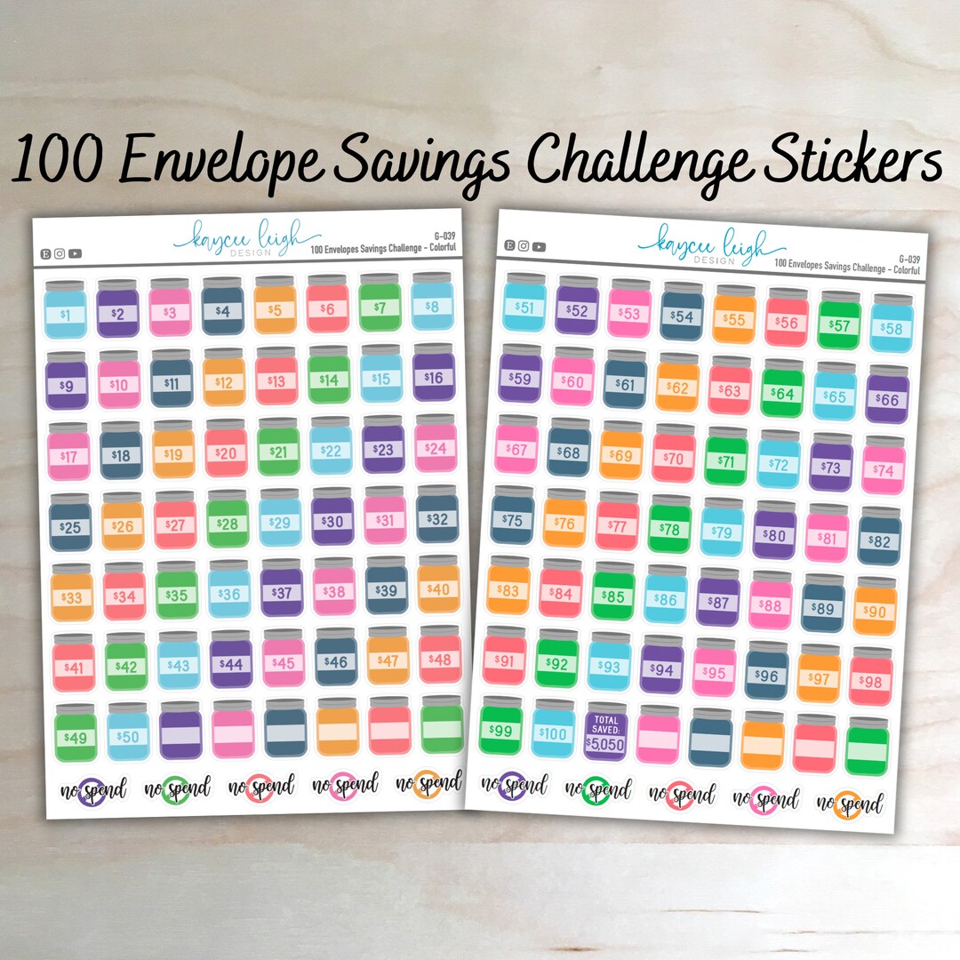 100 Envelope Challenge Stickers for Use in Planners, Notebooks, Bullet ...